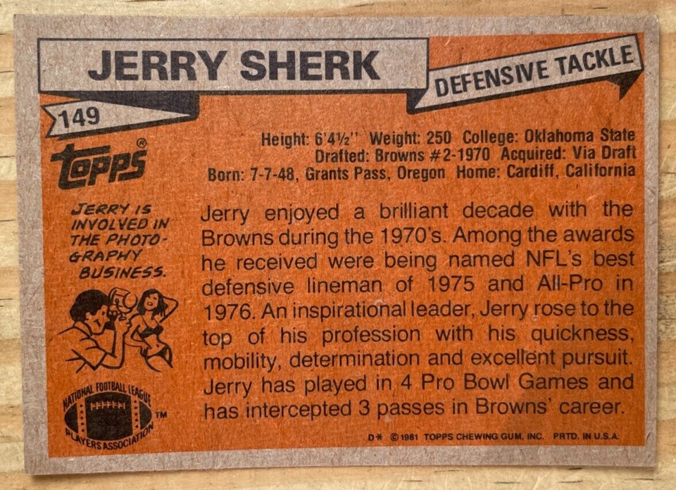 1981 TOPPS JERRY SHERK CARD#149 CLEVELAND BROWNS OKLAHOMA ST | eBay