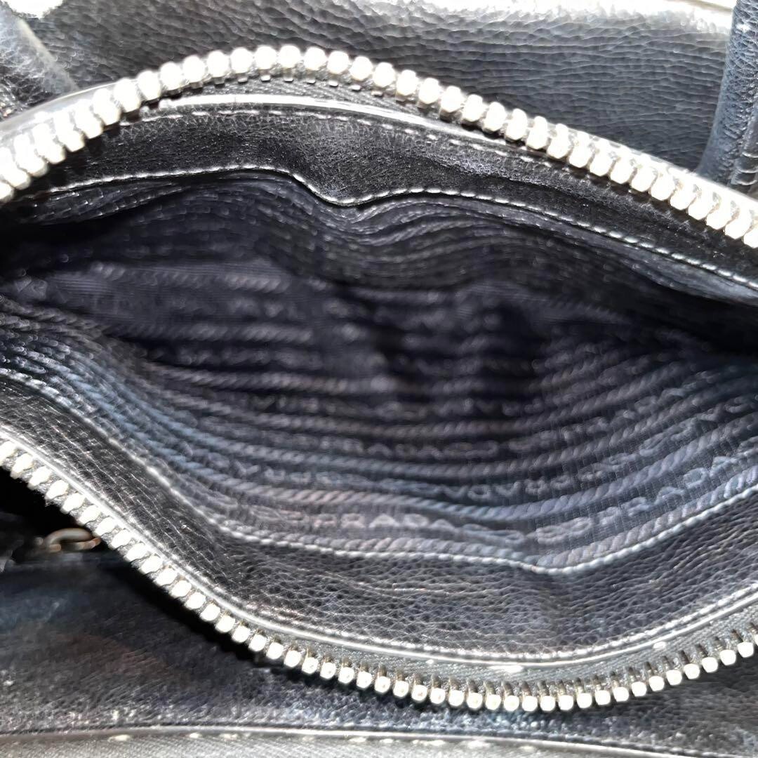 Prada handbag black leather triangle logo studs tote 8.6×15.3×5.5 inch ...