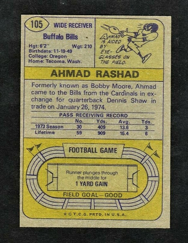 1974 Topps #105 AHMAD RASHAD RC Rookie Card - Bills - Vg - 696 | eBay