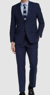 $395 Izod Men's Blue Windowpane Classic-Fit Jacket Pants 2-Piece Suit ...