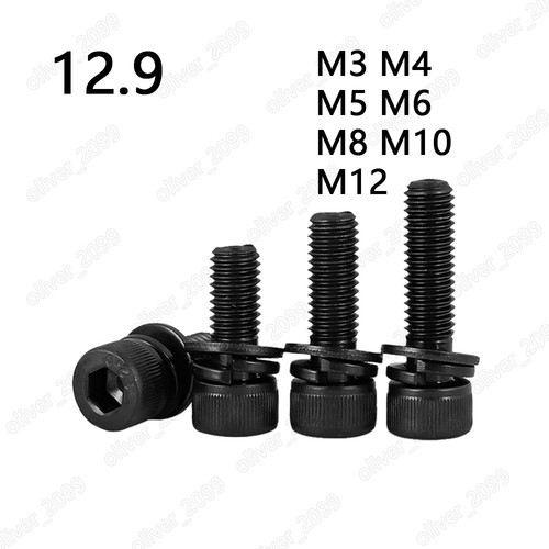 Black 12.9 Steel Hex Socket Cap Head Screws SEMS Flat Spring Washers M3 ...
