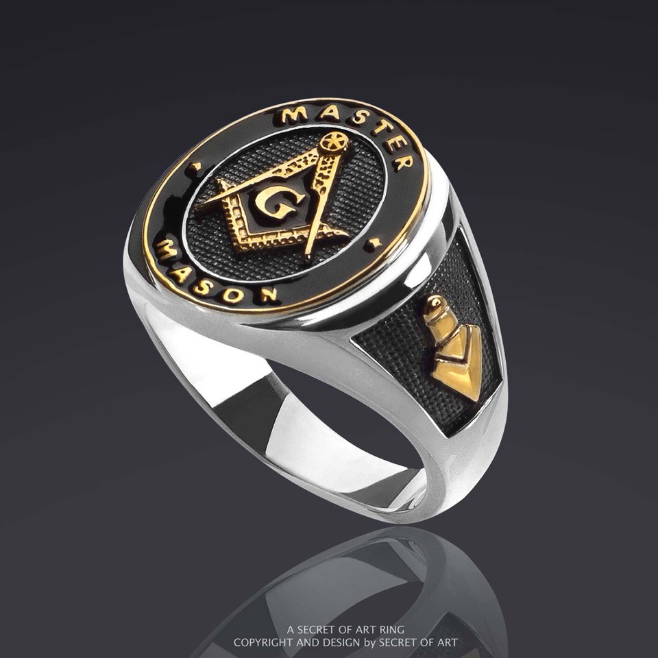 Masonic Ring Master Mason Signet Freemason Masonry 925 Silver 18K-Gold ...