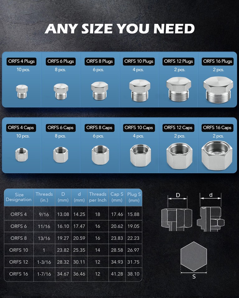 64 PC ORFS O-Ring Plug and Cap Hydraulic Flat Face Seal Fittings ORS ...