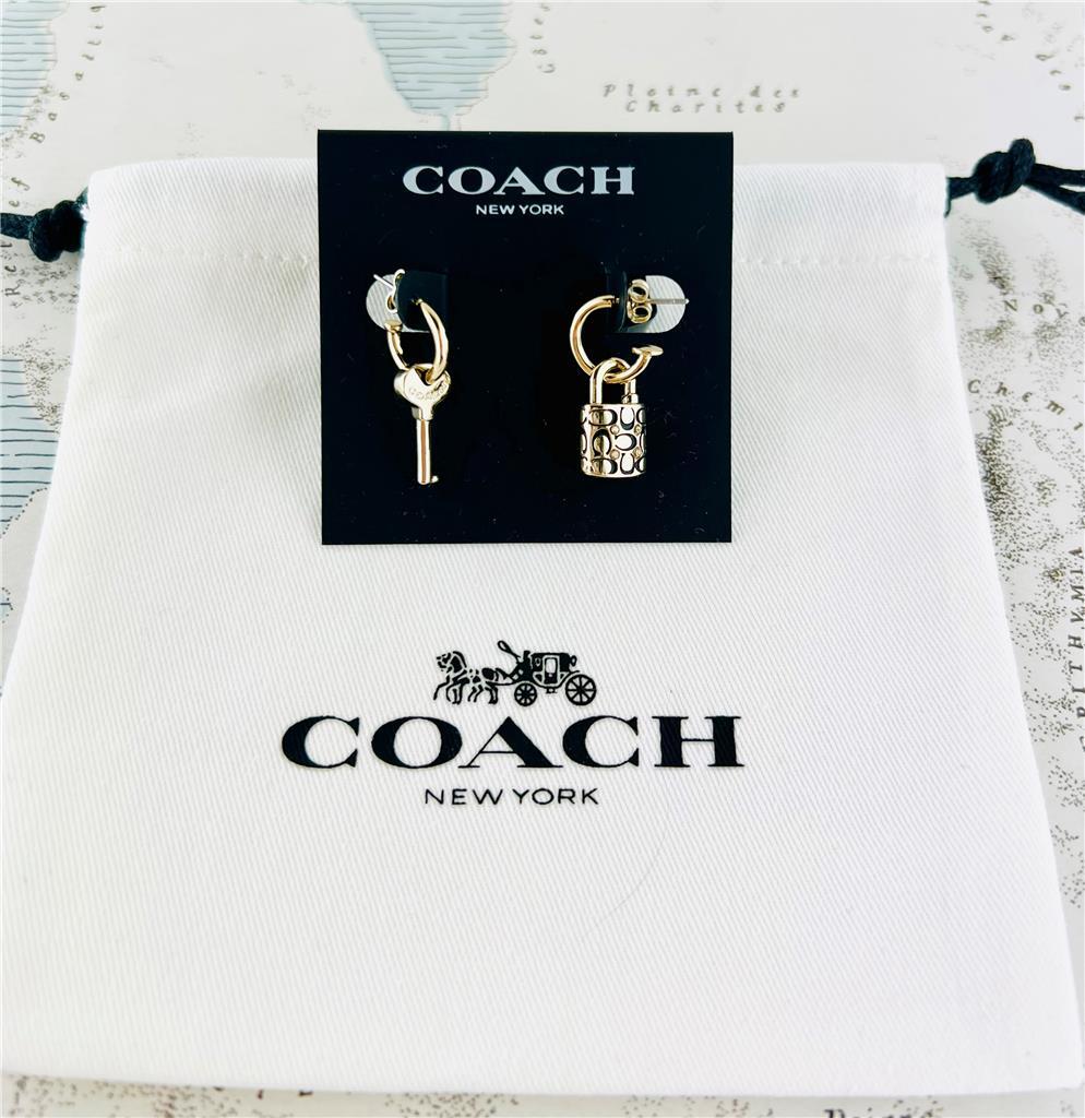 New Coach Quilted Padlock Key Mismatch Gold Earrings | eBay