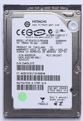 Hitachi 120GB SATA 2.5" Laptop HDD Model HTS541612J9SA00 P/N 0A50539 | eBay