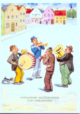 ANTIQUE CARTOON POSTCARD - 4 MAN STREET CORNER BAND MARCHING TO A ...