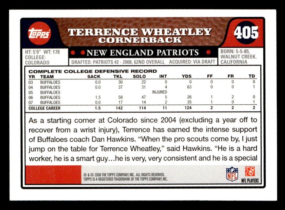 Terrence Wheatley 2008 Topps Rookie Card #405 New England Patriots | eBay