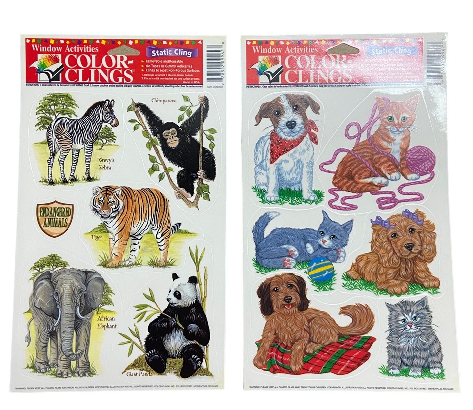 Colorful Animal Window Clings Kittens Puppies and Wild Animals 2 cards ...