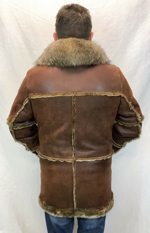 WHISKEY REAL SHEEPSKIN SHEARLING LEATHER real RACCOON WESTERN TRENCH ...
