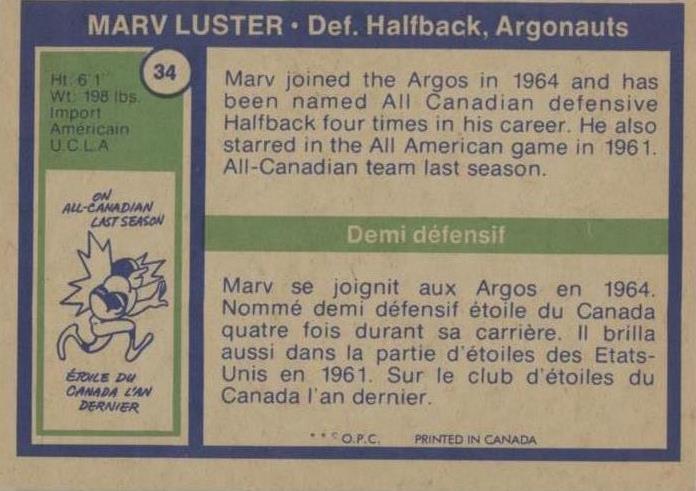 1972 O-Pee-Chee Canadian Football League Marv Luster #34 for sale | eBay