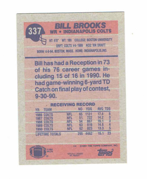 Bill Brooks Indianapolis Colts WR #337 Topps 1991 Football Card | eBay