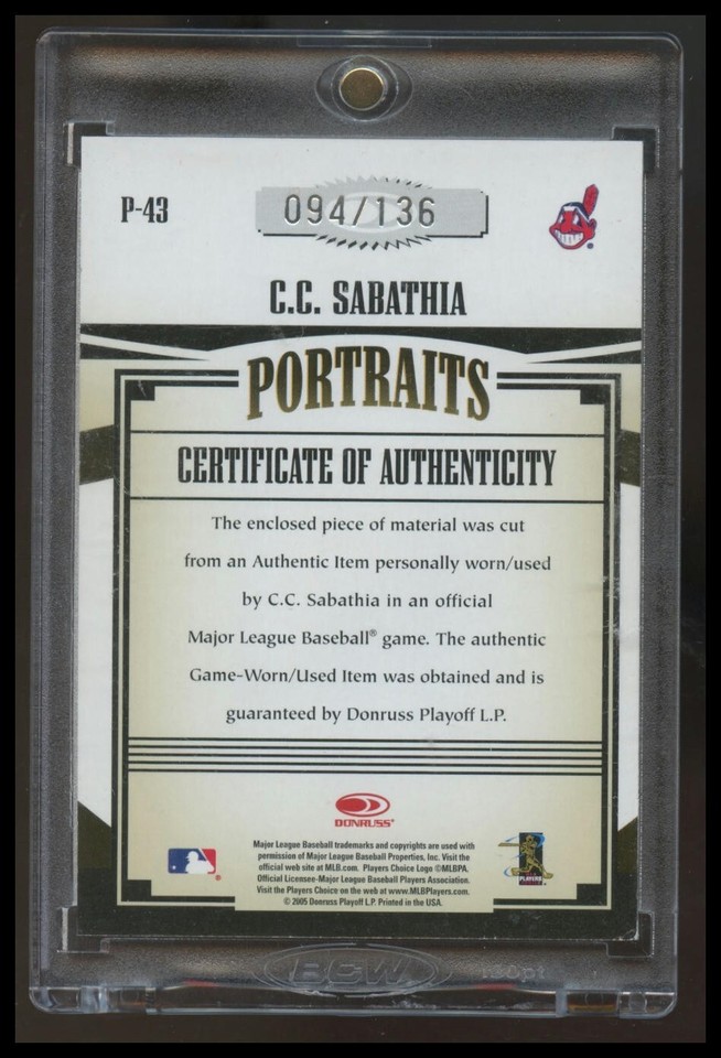 2005 Donruss Prime Patches CC Sabathia 4-Color Team Logo Patch /136 ...