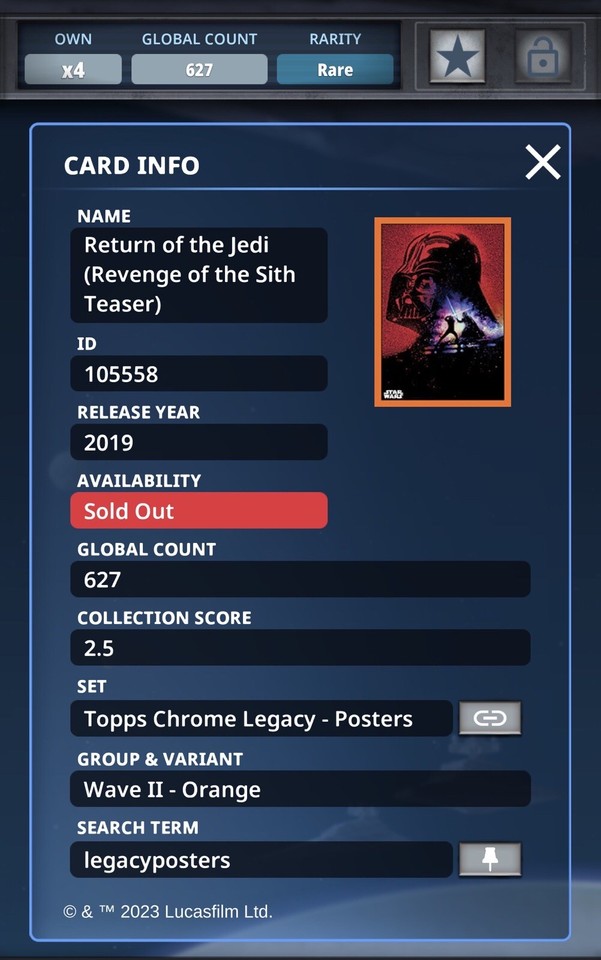 Topps Star Wars Digital Card Trader Orange Chrome Legacy Posters ROTJ ...