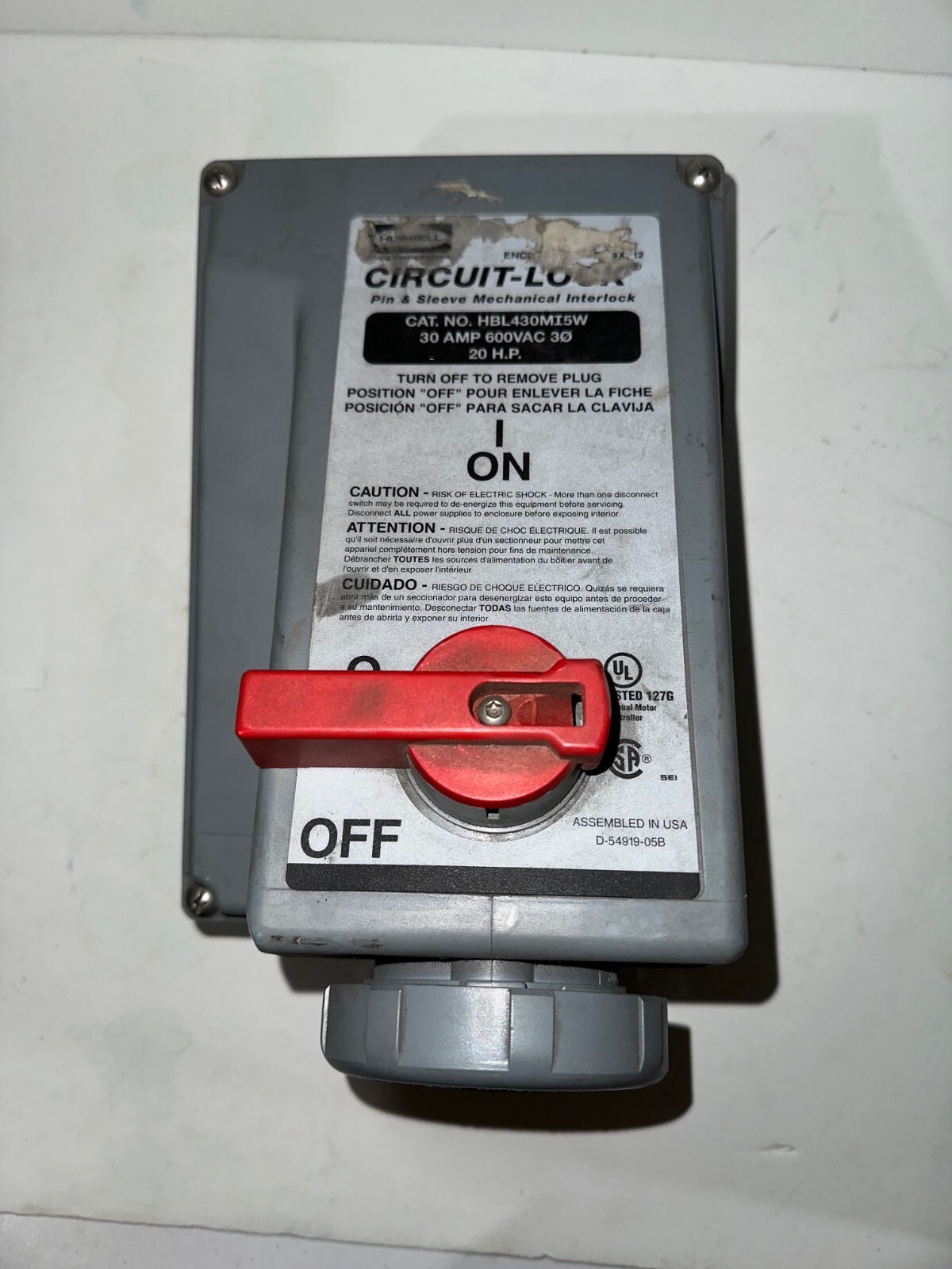 HUBBELL 30AMP 600 VOLT HBL 430MI5W MECHANICAL INTERLOCK PIN & SLEEVE ...