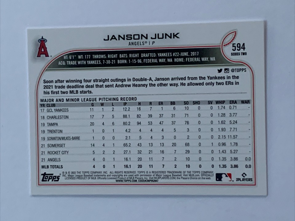 2022 Topps Series 2 Janson Junk Rookie #594 Los Angeles Angels RC Base ...