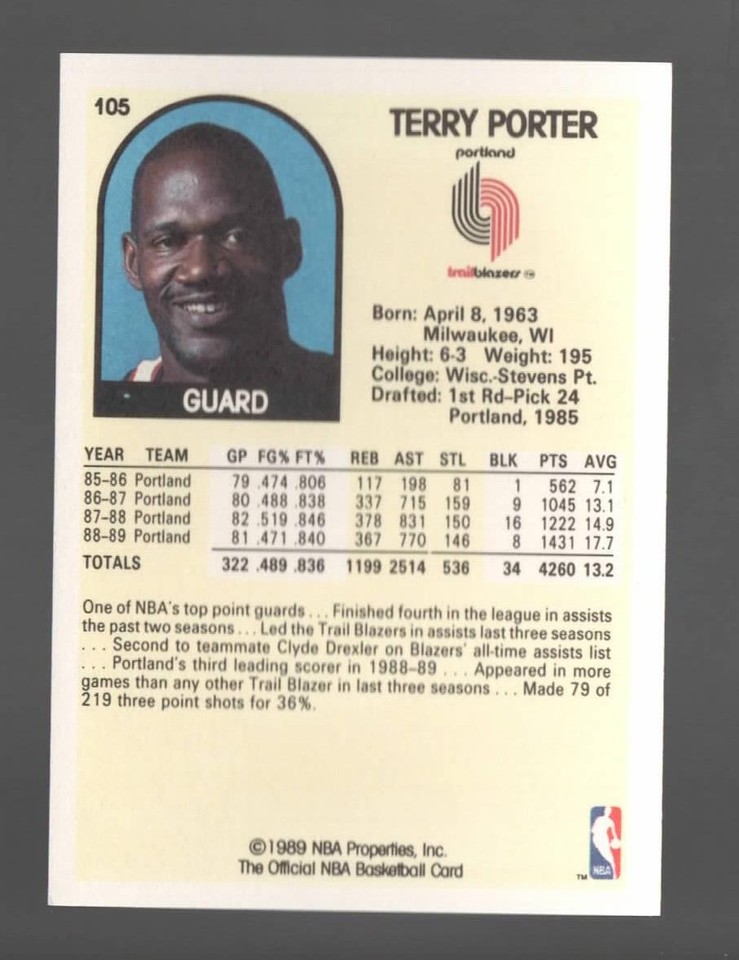 1989-90 Hoops Terry Porter Portland Trail Blazers #105 Near Mint or ...