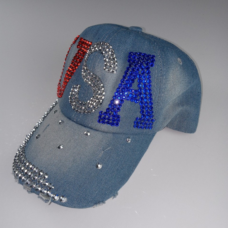 Alabama Girl Women's USA Baseball Cap Hat Distressed Light Wash Denim ...