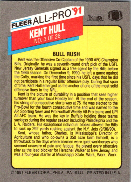 Kent Hull 1991 Fleer #3 All-Pro Football Card | eBay