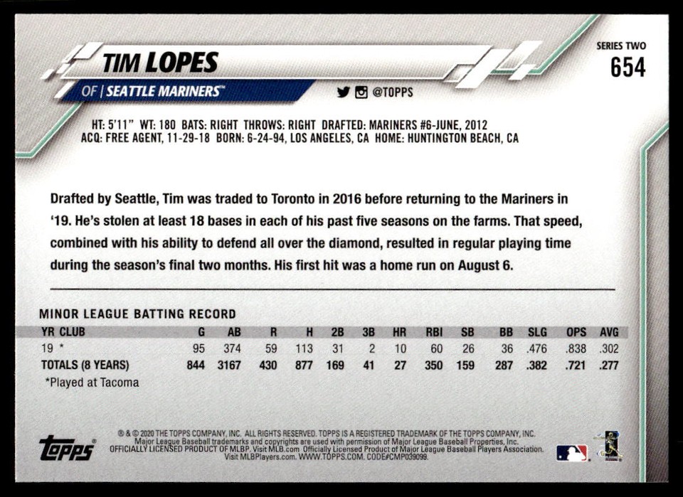 2020 Topps Rainbow Foil 654 Tim Lopes Seattle Mariners Baseball Card | eBay