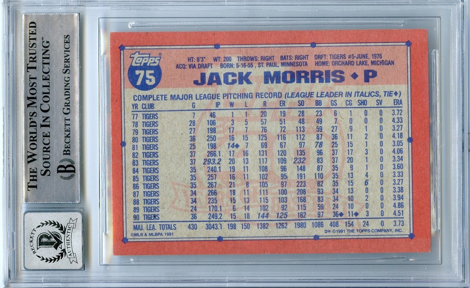 BECKETT SIGNED 1991 TOPPS DESERT SHIELD #75 JACK MORRIS AUTOGRAPH ...