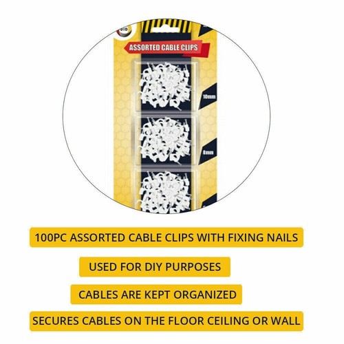 100 Pack White CABLE CLIPS 3 Assorted Sizes Wall Tacks Wire Cord ...