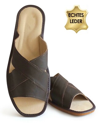 Herren LEDER Hausschuhe Pantoffeln Schlappen Latschen Braun Gr.41- 46 ...