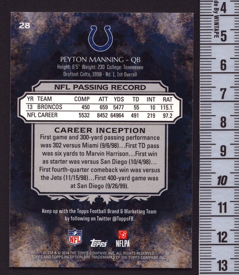 Peyton Manning 2014 Topps Inception Base Colts Rookie Year SP #28 All ...