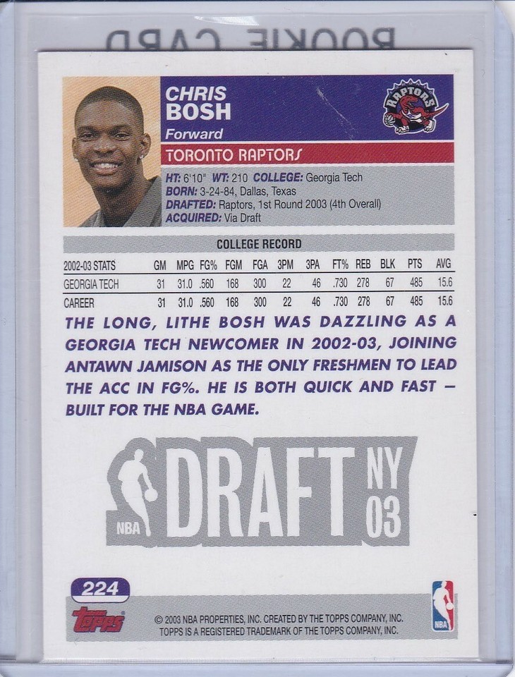 CHRIS BOSH ROOKIE CARD 2003 Topps #224 Basketball TORONTO RAPTORS Heat ...