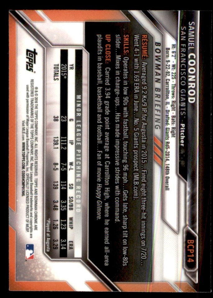 2016 BOWMAN CHROME PROSPECTS SAMUEL COONROD SAN FRANCISCO GIANTS #BCP14 ...