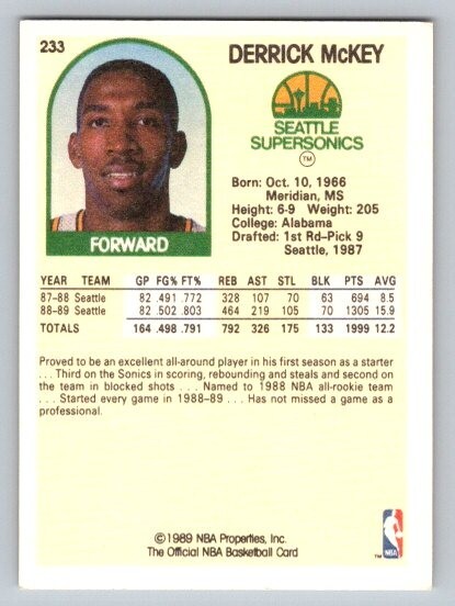 1989-90 NBA Hoops Derrick McKey #233 Seattle Supersonics | eBay
