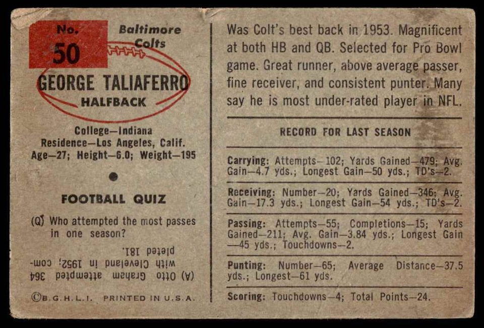 1954 Bowman George Taliaferro Baltimore Colts #50 | eBay