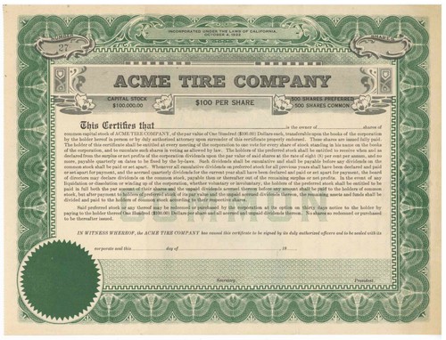 Acme Tire Company. Stock Certificate. California | eBay