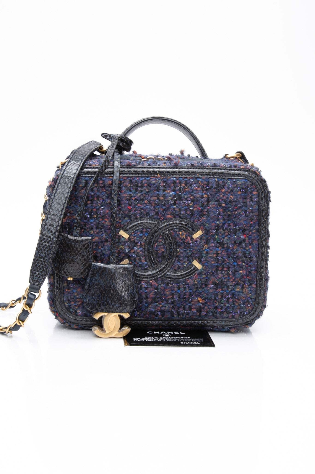 CHANEL Blue Tweed Quilted CC Filigree Python Medium - Gem