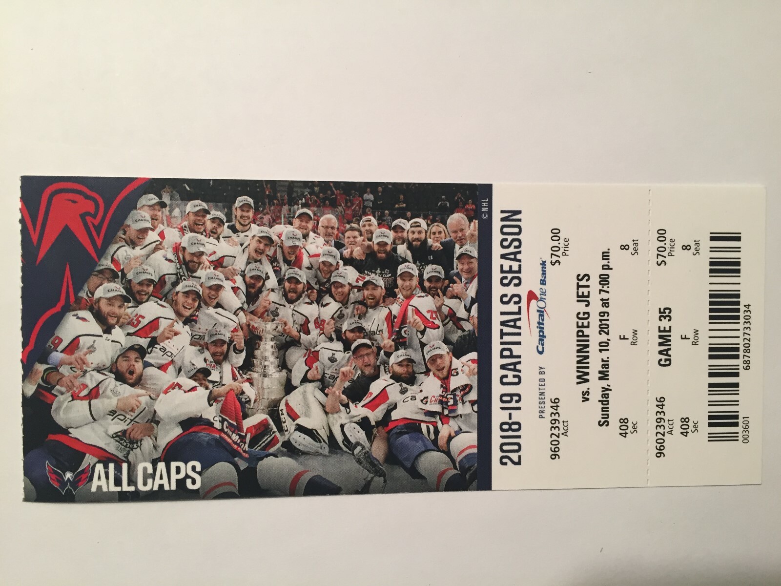 WASHINGTON CAPITALS VS WINNIPEG JETS MARCH 10, 2019 TICKET STUB | eBay