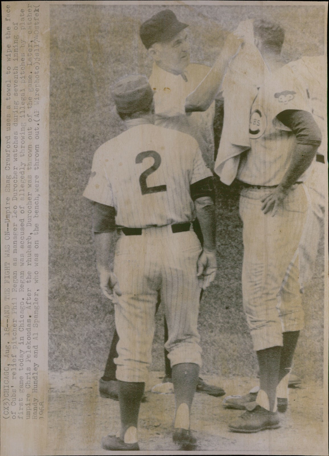LG792 '68 Wire Photo LEO DUROCHER PHIL REGAN Chicago Cubs Baseball Shag ...
