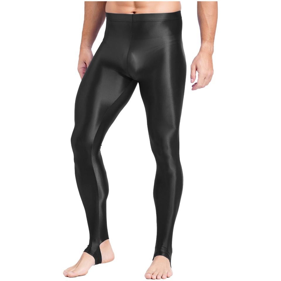 Men Glossy Compression Pants Stirrup Tights Trousers Seamless Stretch ...