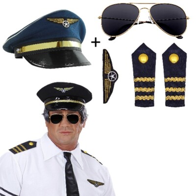 5tlg. Pilotin Piloten-Set Kostüm - Brille+Schulterklappen+Abzeichen+Hut ...
