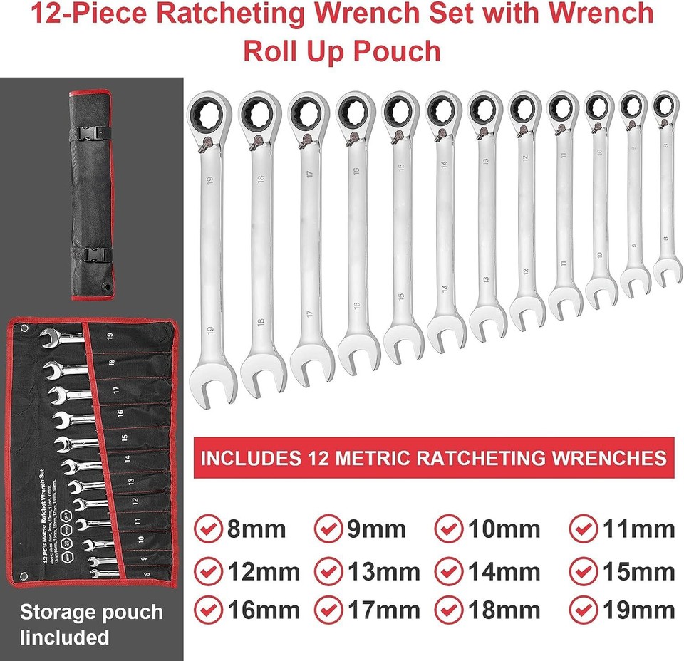 12pcs Combination Wrench Set Metric 8mm-19mm Reversible Ratcheting ...