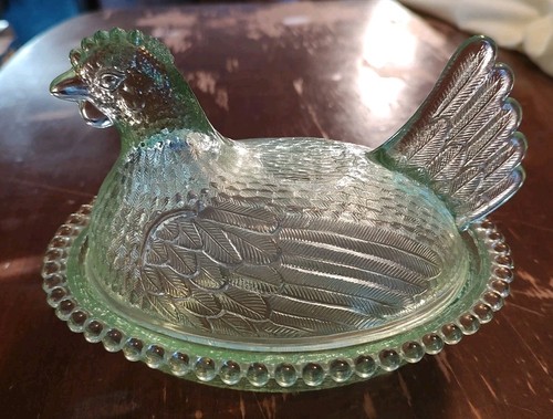 Vintage Indiana Glass Light Green Pastel Chicken Hen on Nest Covered ...