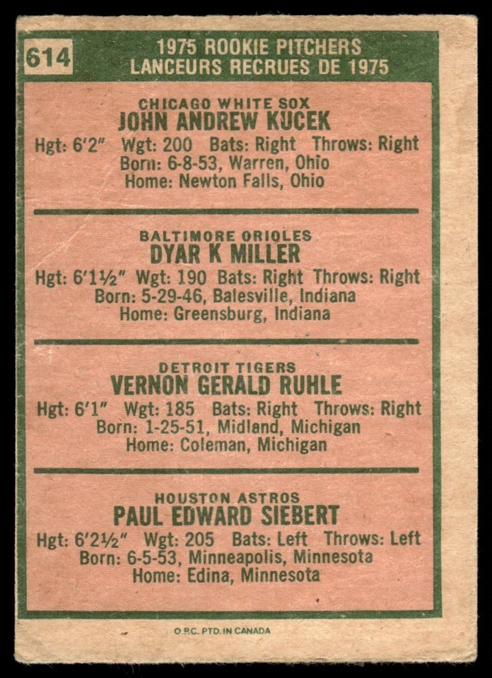 1975 O-Pee-Chee Jack Kucek/Dyar Miller/Vern Ruhle/Paul Siebert Rookie ...