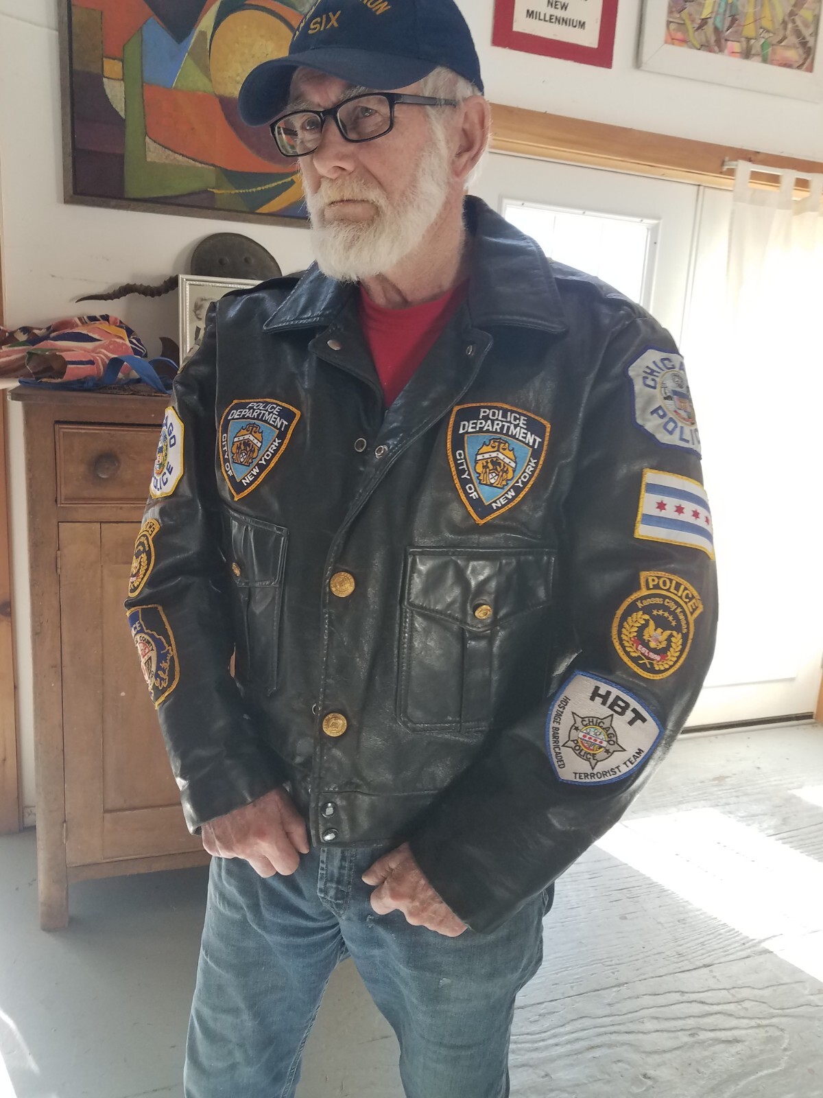 Vintage CHICAGO PD Heavy Leather Jacket PLENTY Patche… - Gem