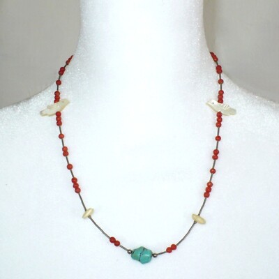 Vintage Red Coral & Shell Birds Totem Native American Inspired Necklace ...