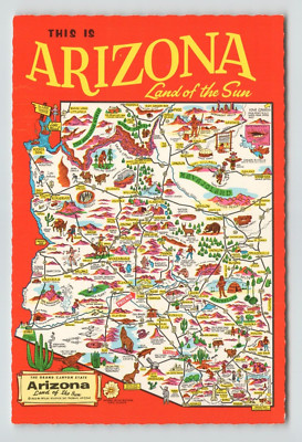 Postcard 4x6 AZ Arizona Map Land of the Sun Towns Roads Cartoon Points ...
