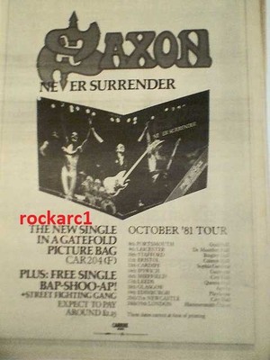 SAXON Never Surrender Tour 1981 UK Poster size Press ADVERT 16x12 ...