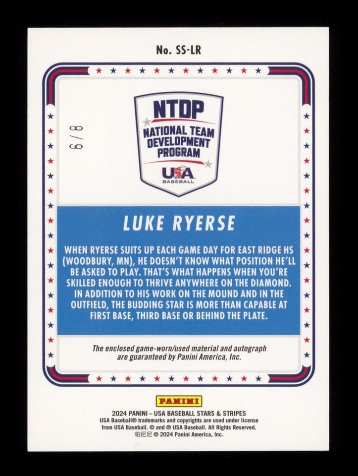 2024 Stars And Stripes: #SS-LR Luke Ryerse Collegiate RPA /9 RC NM-MT ...