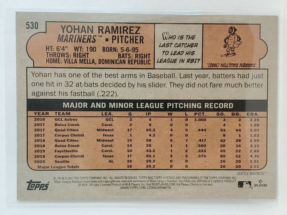 2021 Topps Heritage #530 Yohan Ramirez RC Seattle Mariners | eBay