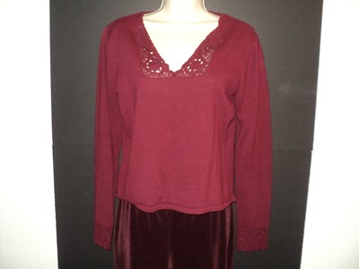 ECI New York Sweater Size S Small Burgundy Crocheted Trim Long Sleeves ...