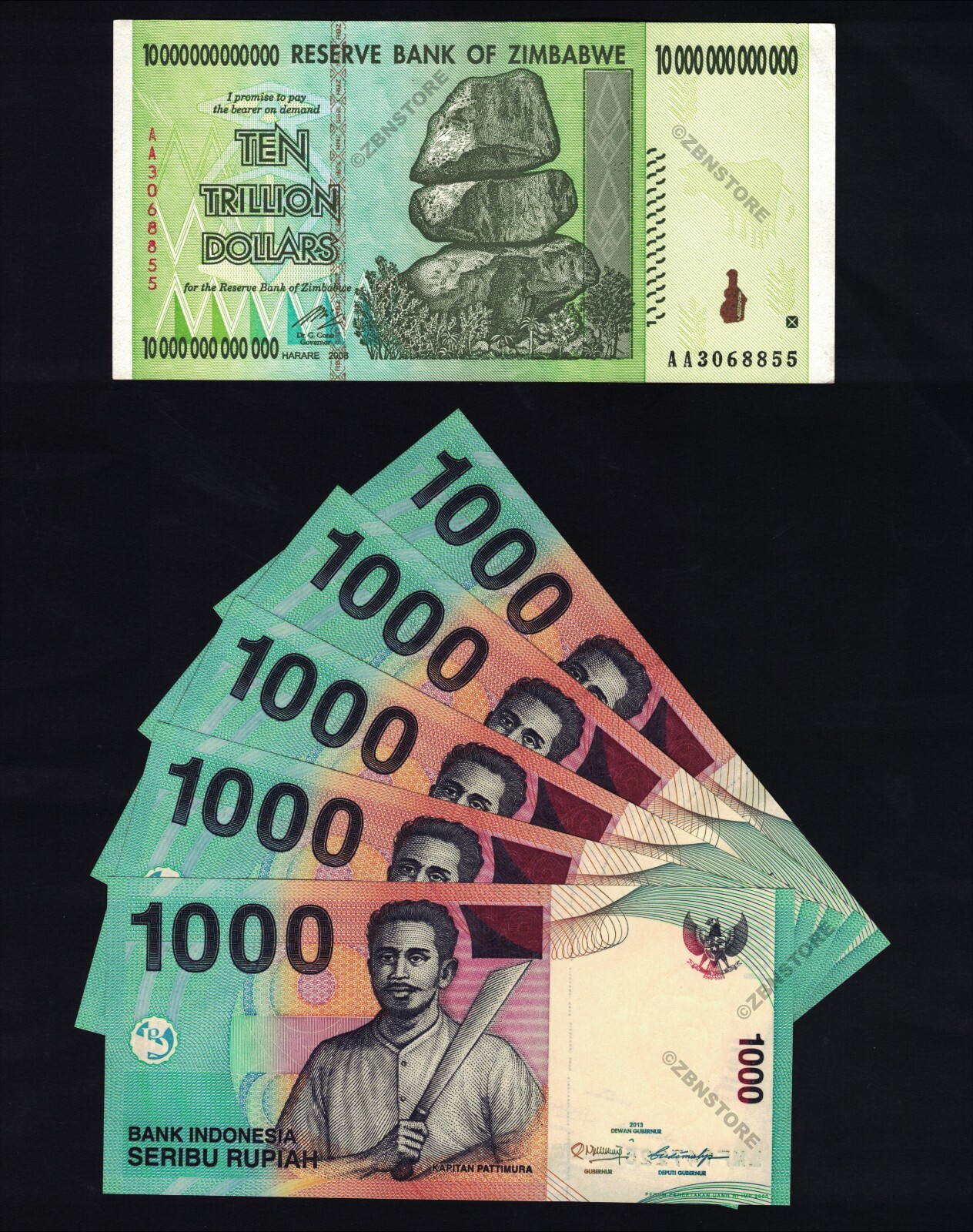 10 Trillion Zimbabwe Dollars 2008 + 5 x 1000 Indonesia Rupiah 2013 ...