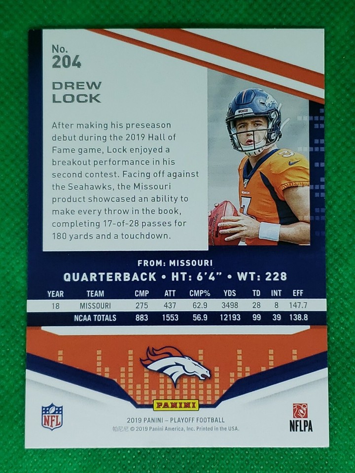 Drew Lock 2019 Panini Playoff Card #204 Base Rookie Card - Denver ...