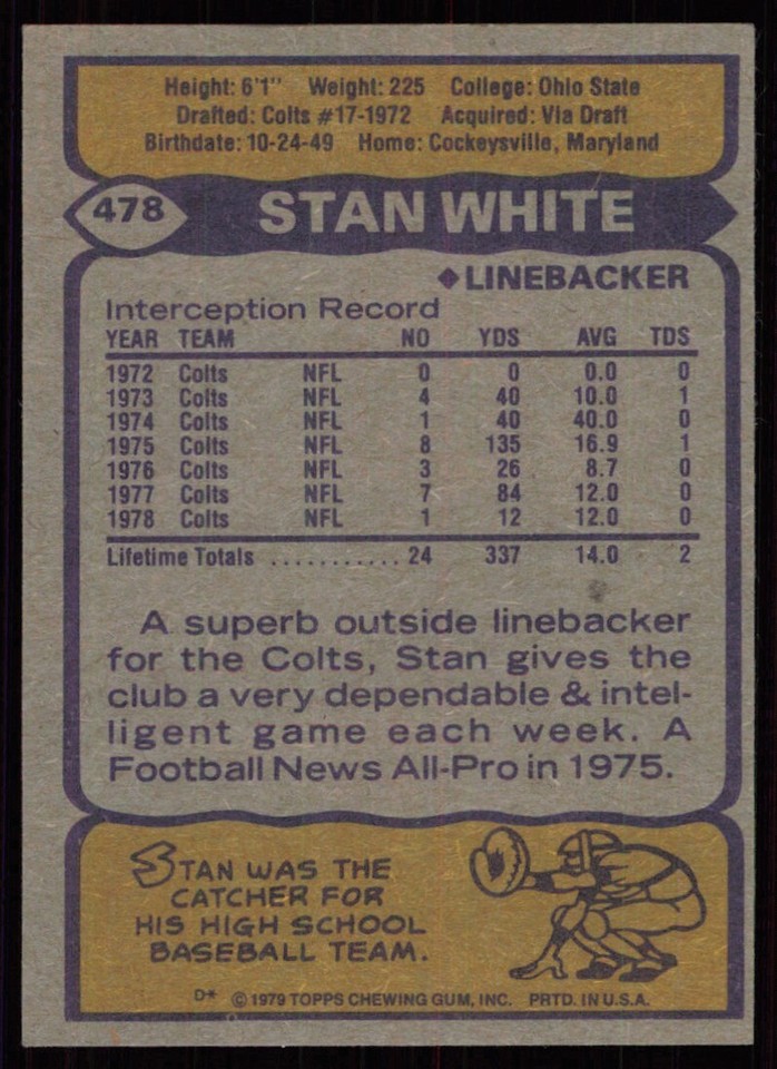 1979 Topps Stan White Baltimore Colts #478 | eBay